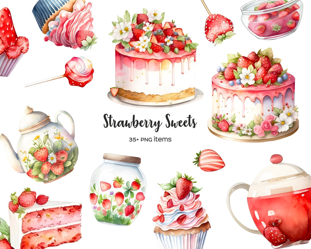 Watercolor Strawberry Sweets Clipart. Strawberry Cake, Cupcake ...