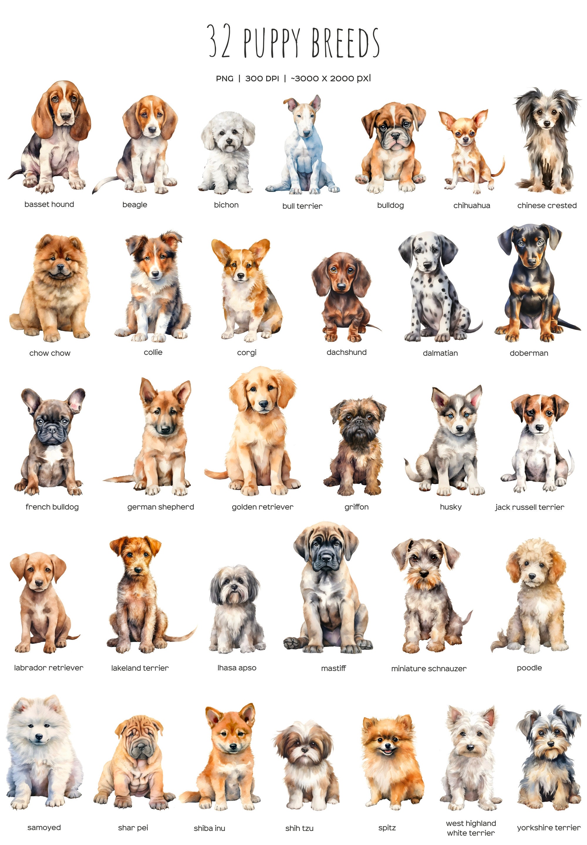 Watercolor Dog Breeds Clipart. Puppies Clipart. Dogs Clip Art. Dog ...