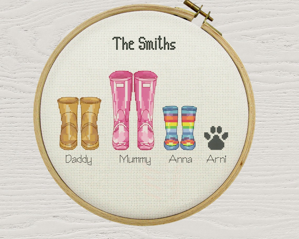 Wellies Family Portrait Cross Stitch Pattern: Personalized Embroidery ...