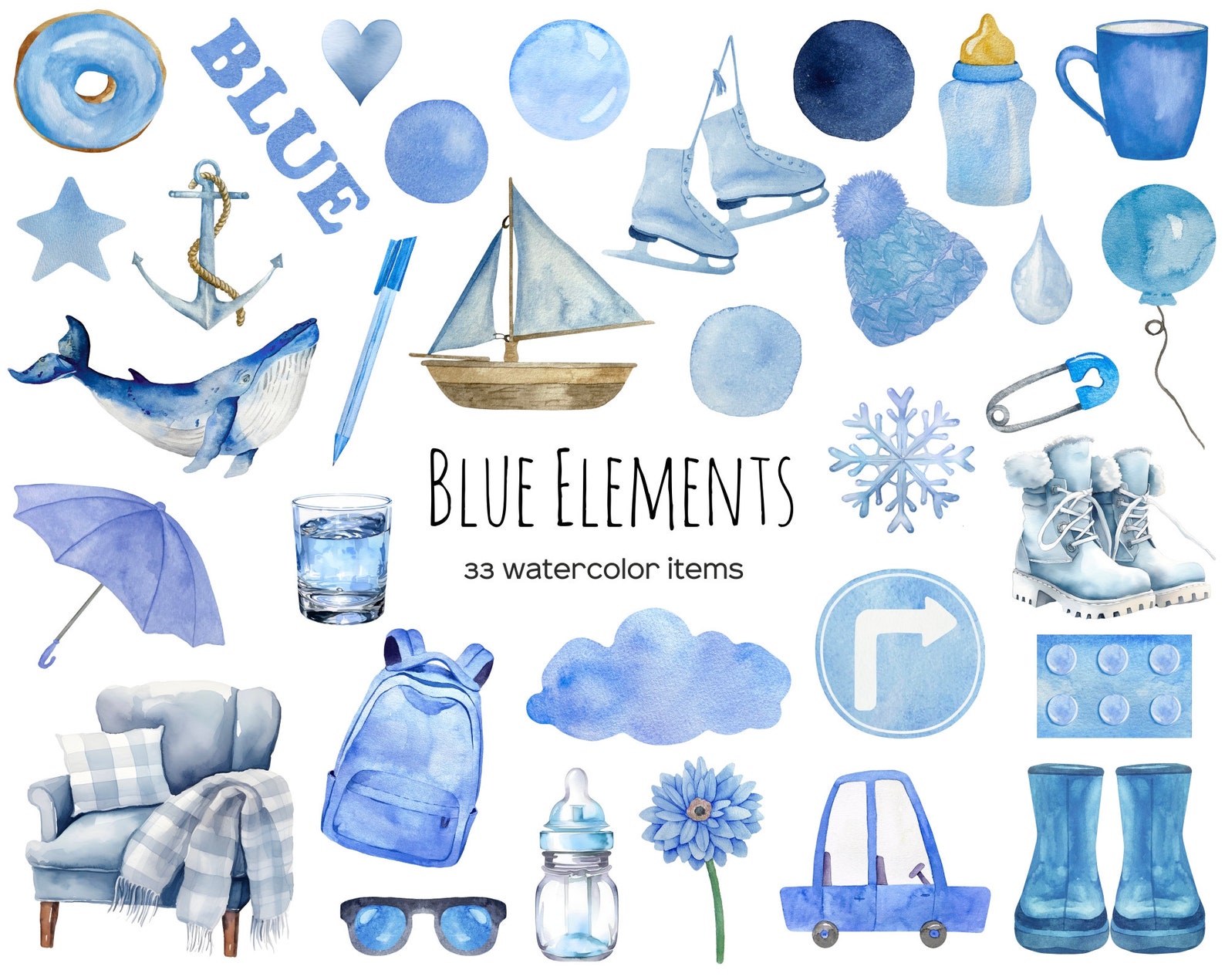 Watercolor Blue Things Clipart: Educational Learning (PNG, JPG) - Etsy