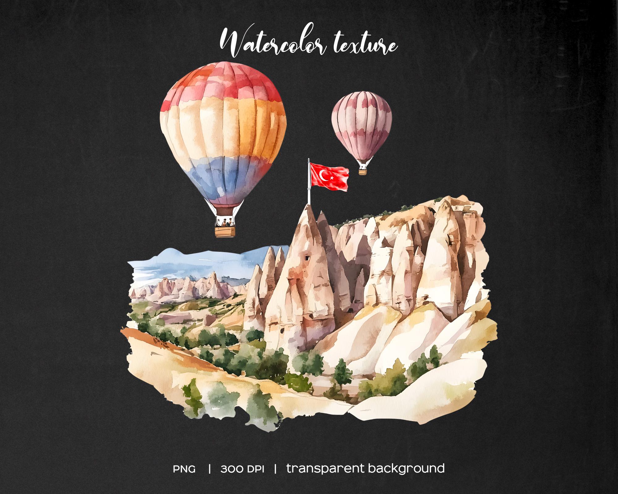 Watercolor Turkey Clipart: Turkish Symbols, Cappadocia, Pamukkale (PNG ...