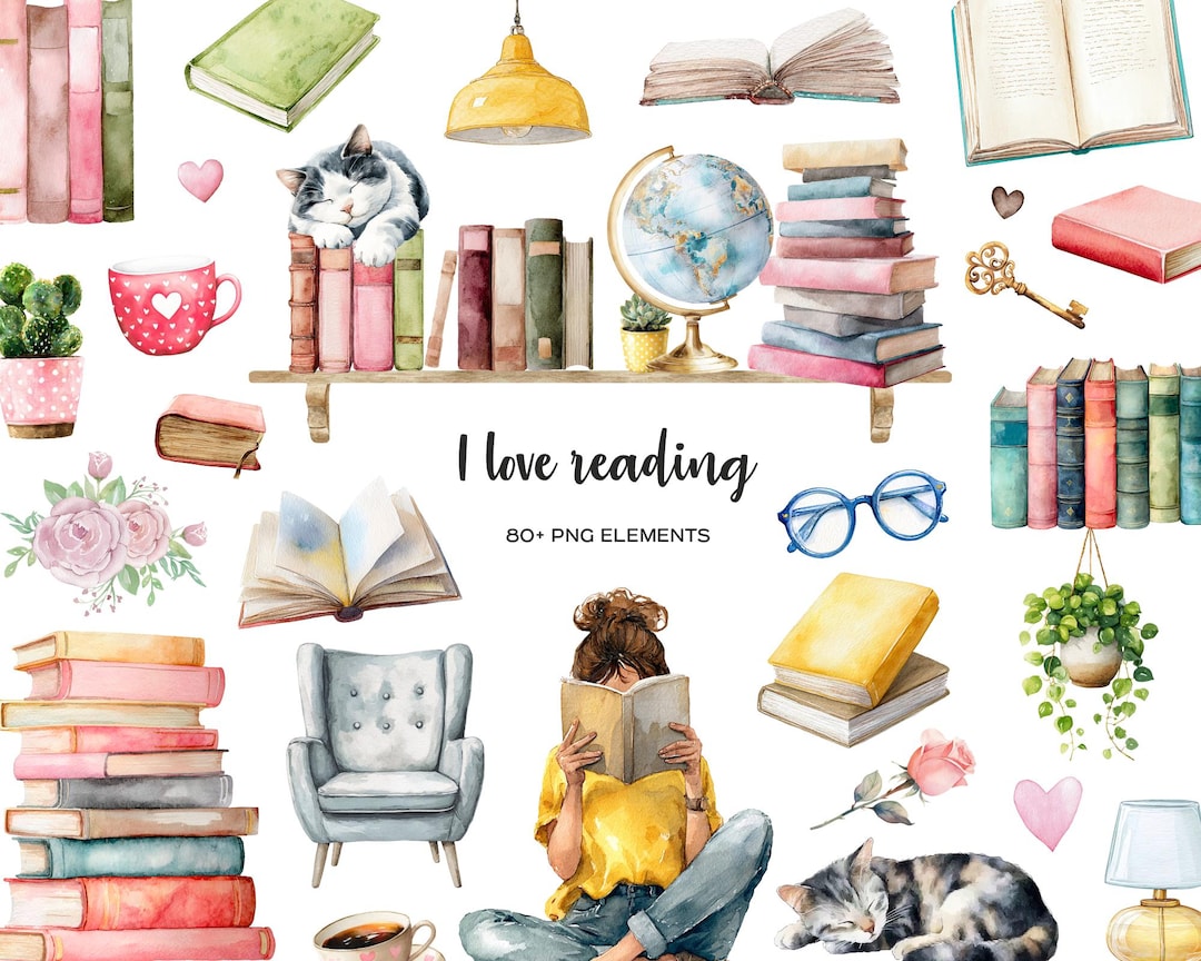 Watercolor Book Lover Clipart Set: Reading, Library, and Decor (PNG ...