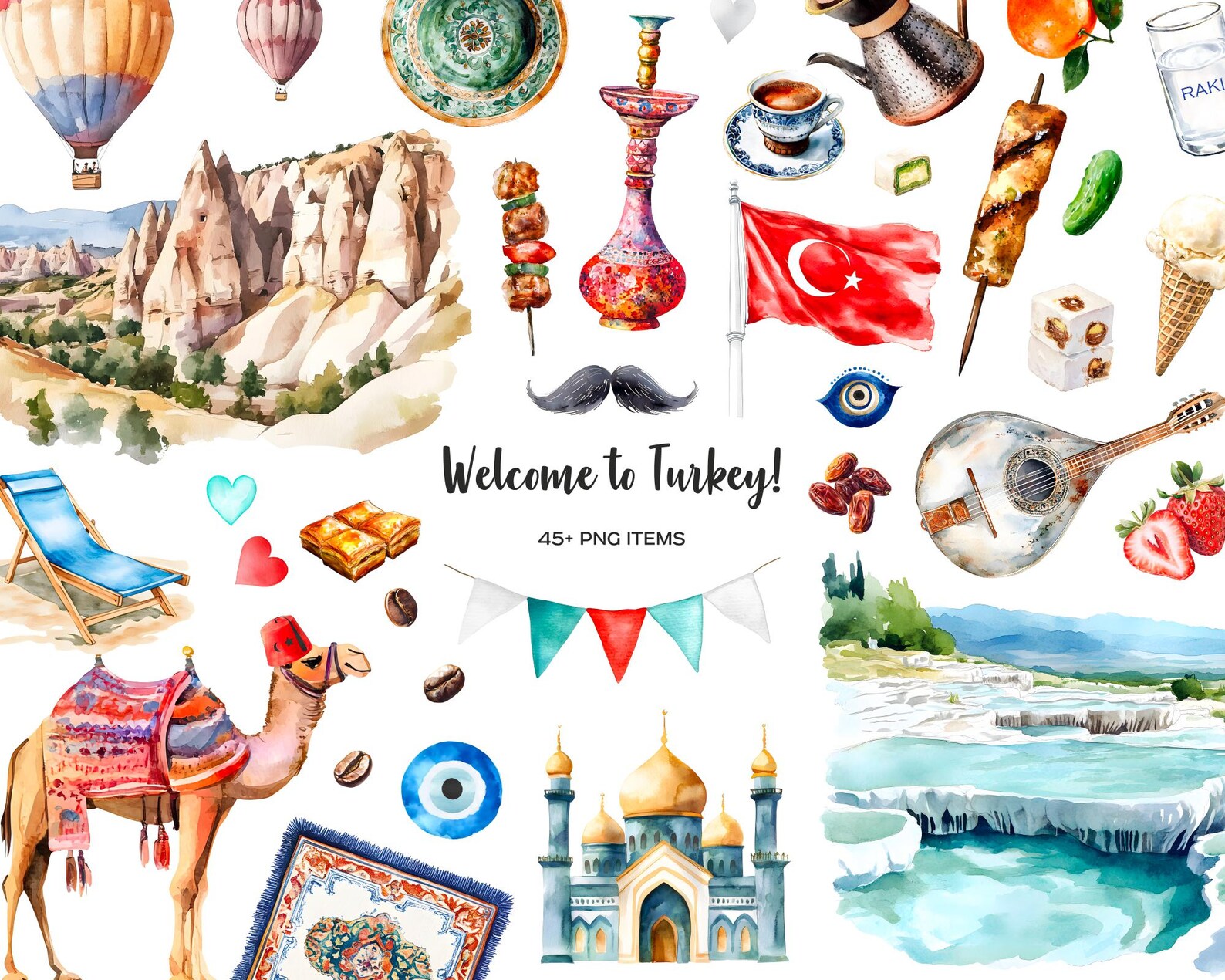 Watercolor Turkey Clipart: Turkish Symbols, Cappadocia, Pamukkale (PNG ...