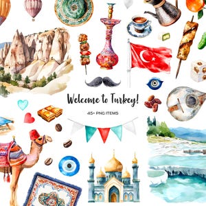 Watercolor Turkey Clipart: Turkish Symbols, Cappadocia, Pamukkale (PNG ...