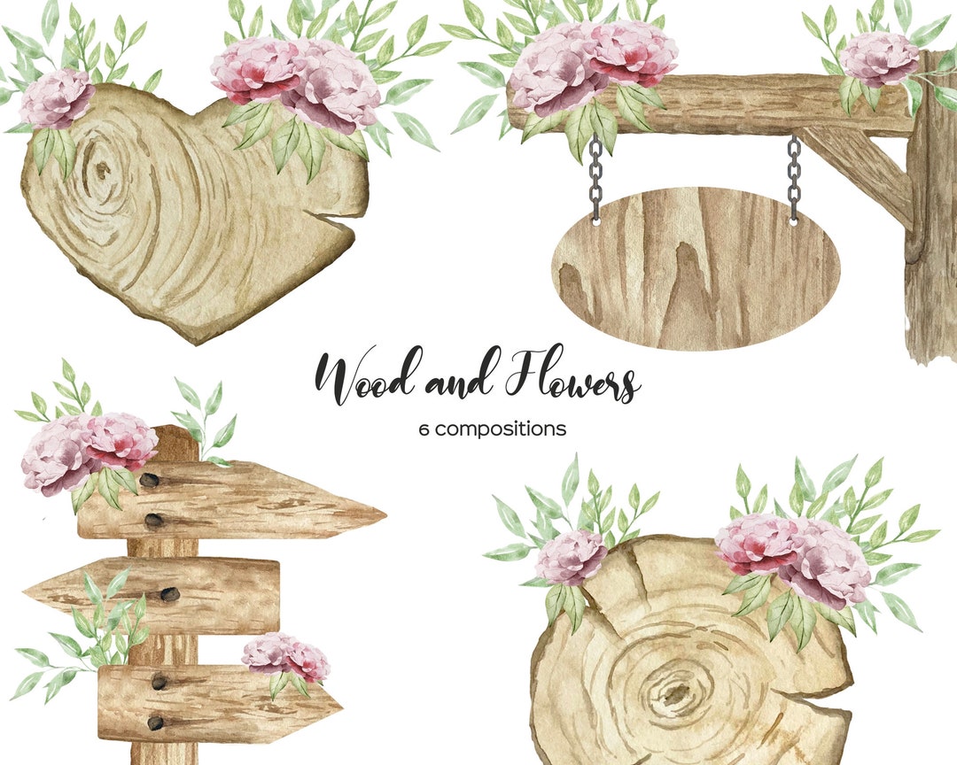 Watercolor Floral Wood Slices Clipart. Wooden Signboards With Flowers ...