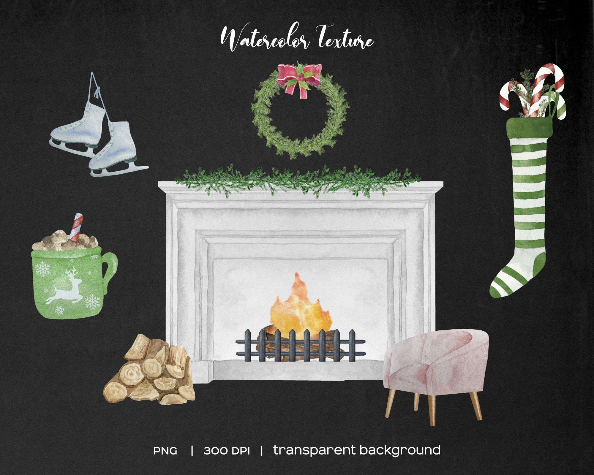 Watercolor Xmas Fireplace Clipart. Modern Farmhouse Christmas Fireplace ...