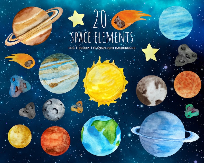 Watercolor Space Planets Clipart. Solar System Download. Outer Space ...
