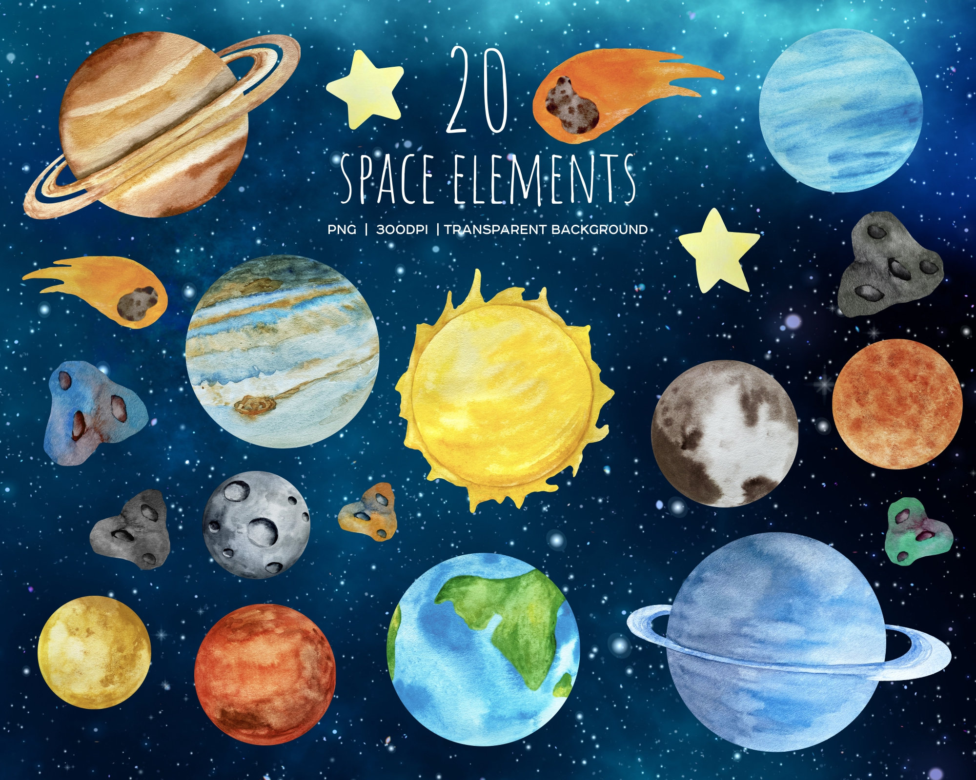 Watercolor Space Planets Clipart. Solar System Download. Outer Space ...