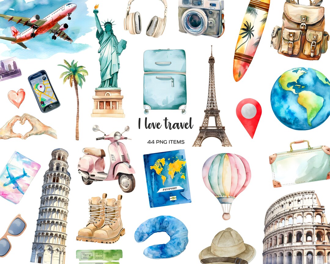 Watercolor World Landmarks Clipart: Travel Elements PNG (44 Digital ...