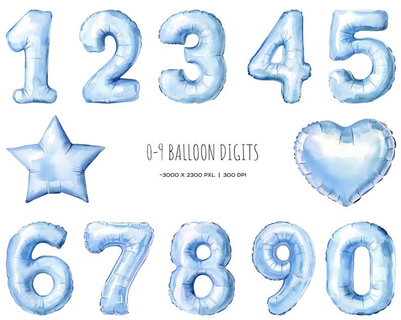 Watercolor Balloon Numbers Clipart Blue 0-9 Balloon Digits Birthday ...