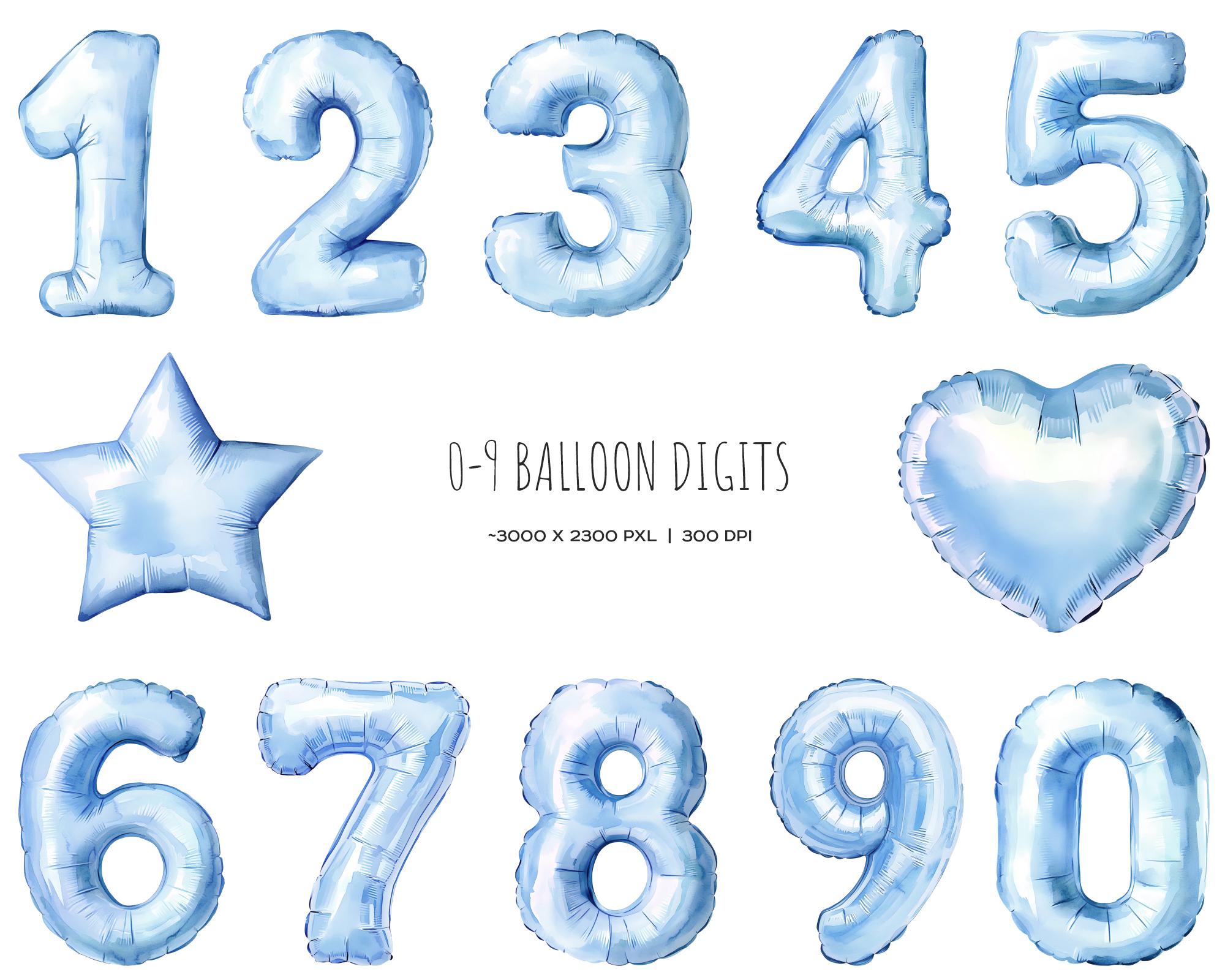 Watercolor Blue Balloon Numbers Clipart: Birthday Party Decorations ...