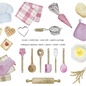 Watercolor Baking Supplies Clipart. Pink Kitchen Utensils PNG ...