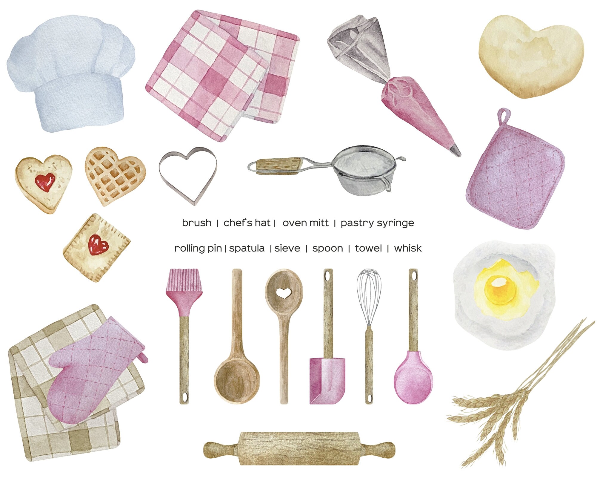 Watercolor Baking Supplies Clipart. Pink Kitchen Utensils PNG ...