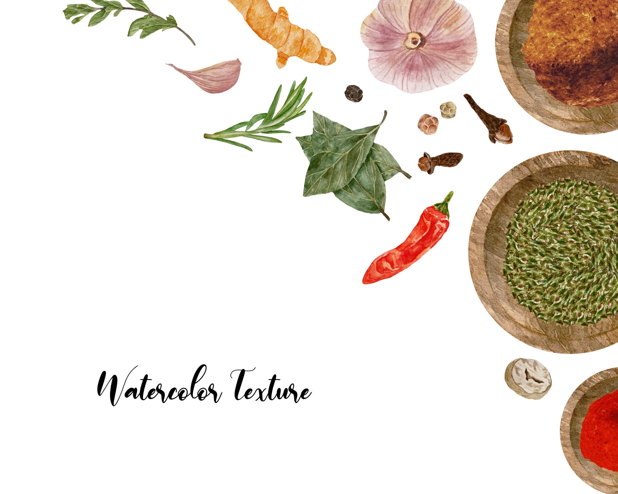 Watercolor Herbs and Spices Clipart. Dried and Fresh Kitchen Culinary ...