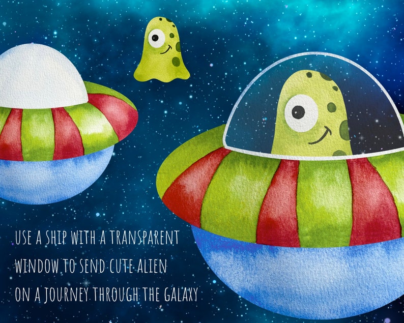Watercolor Alients Clipart. Outer Space Clipart. Spaceship and Rocket ...