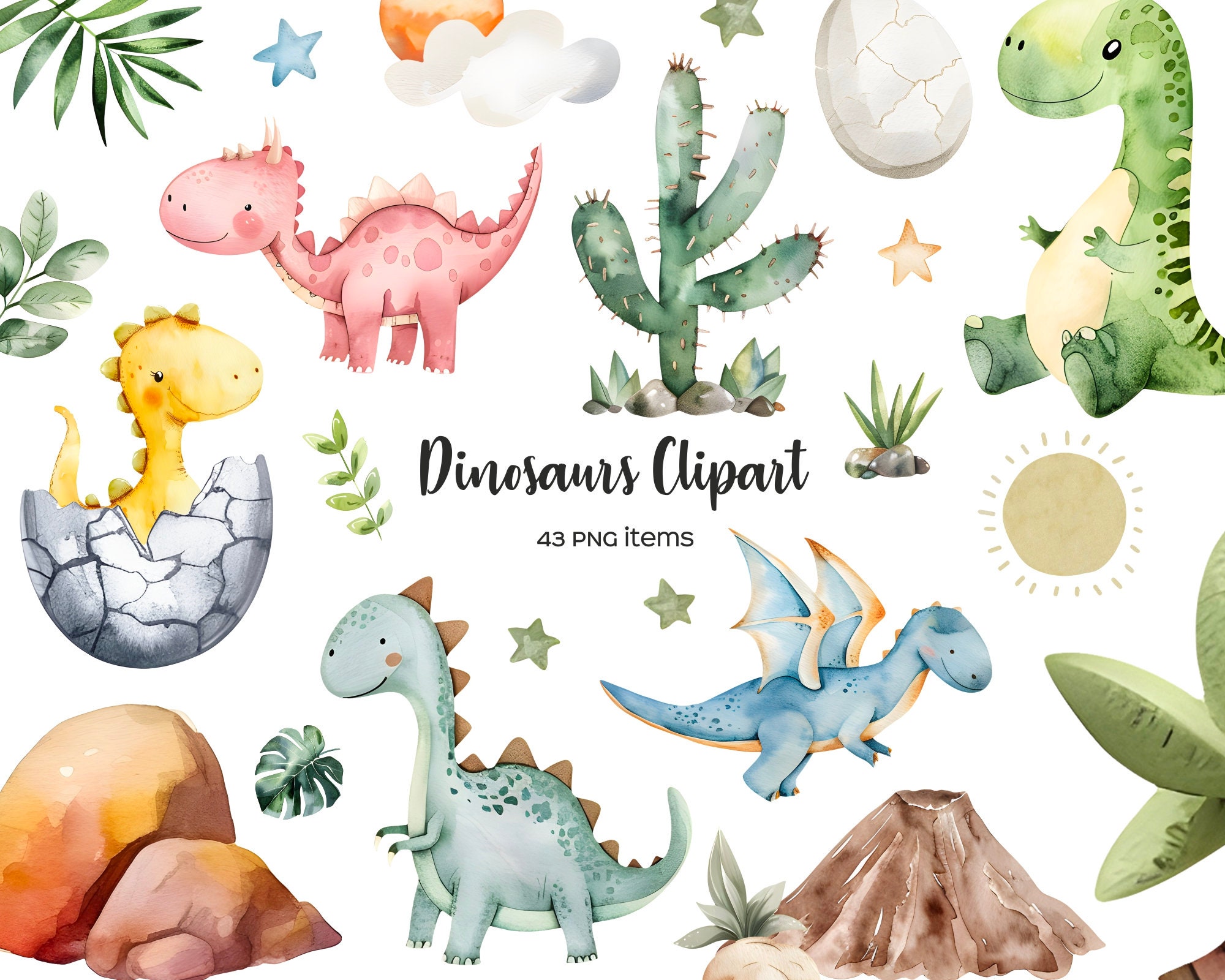 Watercolor Dinosaur Clipart. Watercolor Dino Clip Art. Cute Baby ...