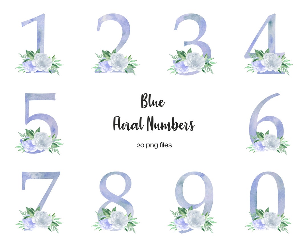 Watercolor Blue Numbers With Flowers. Nursery Floral Blue Digits. 0-9 ...
