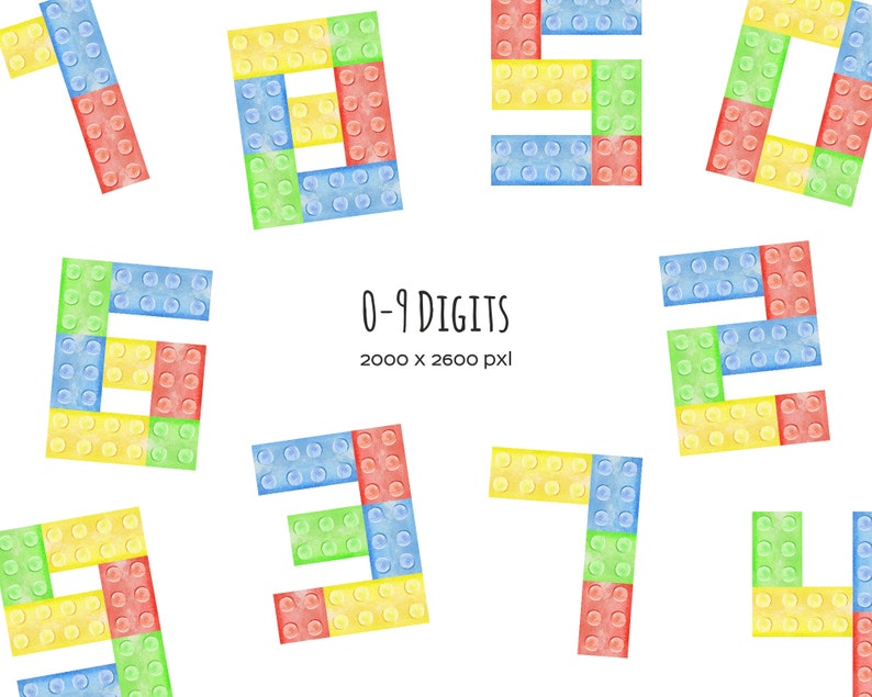 Watercolor Building Bricks Numbers Clipart: Toy Bricks PNG (digital ...