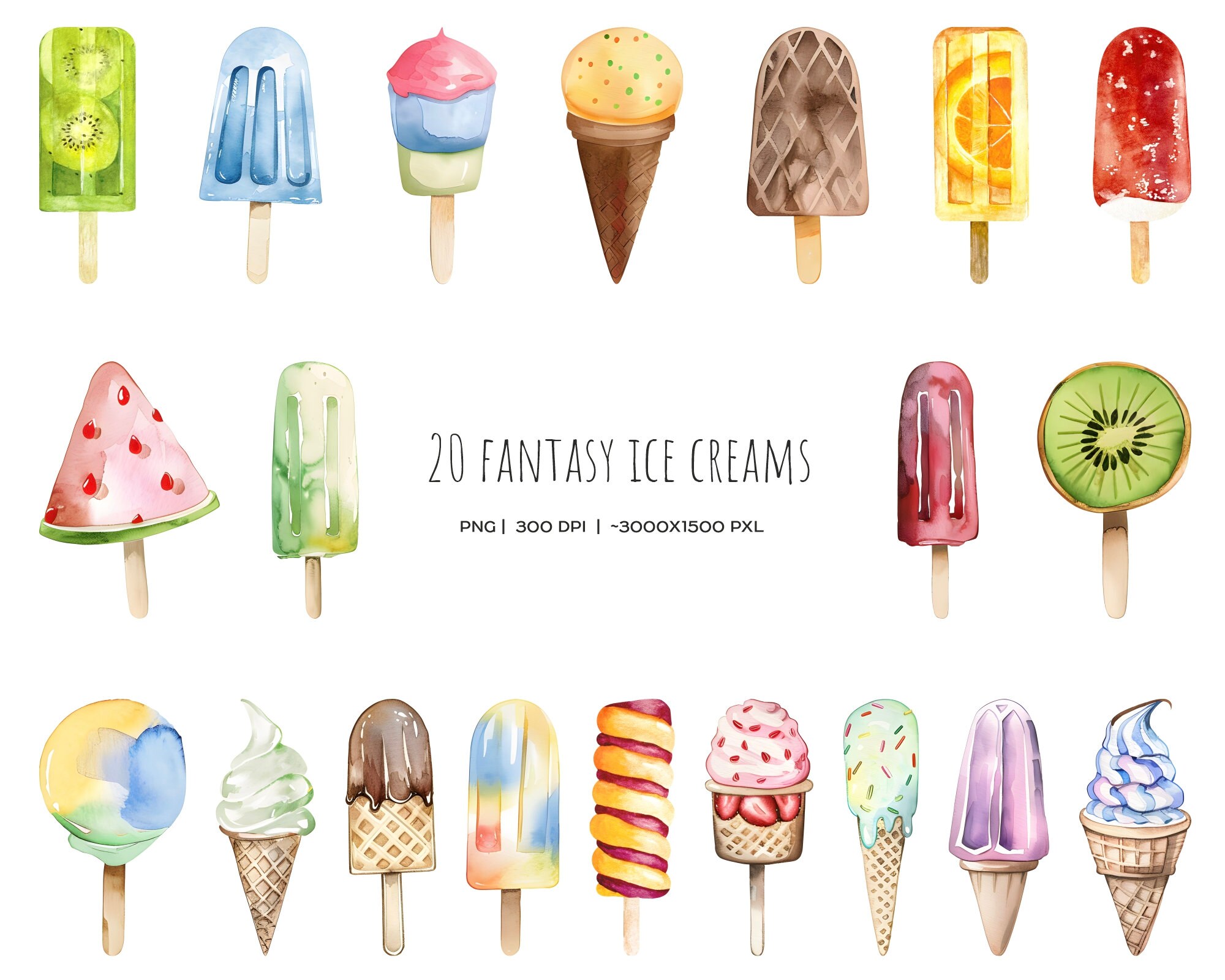 Watercolor Ice Cream Clipart: Summer Food PNG Bundle (20 Items) - Etsy