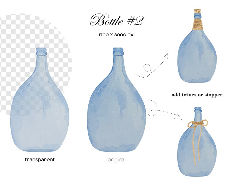 Watercolor Bottle Clipart. Blue Glass Bottles Clip Art. Empty Bottle ...