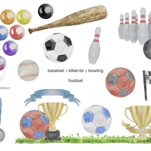Watercolor Sport Items Clipart. Football Baseball Rugby Sport Equipment ...