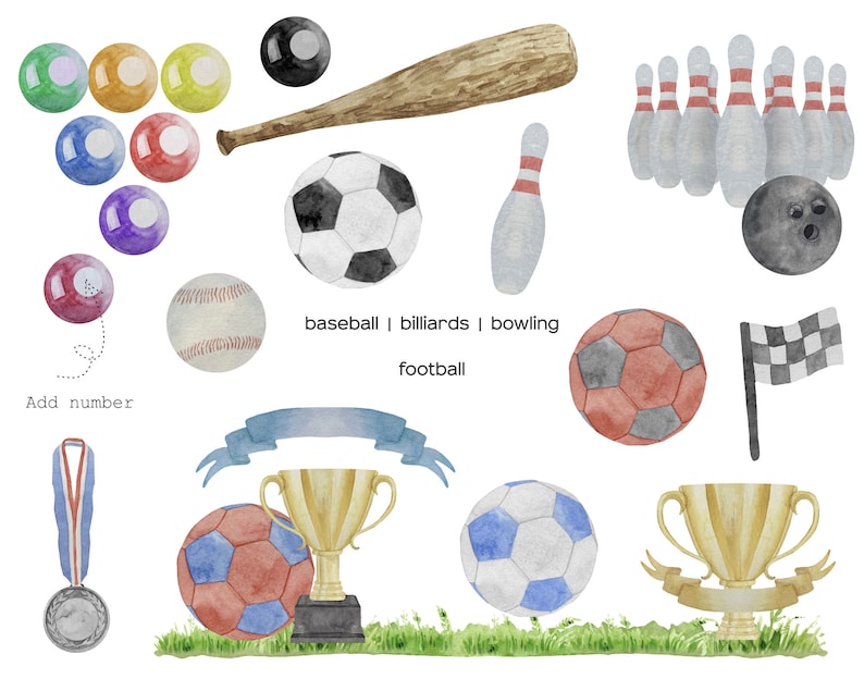 Watercolor Sport Items Clipart. Football Baseball Rugby Sport Equipment ...