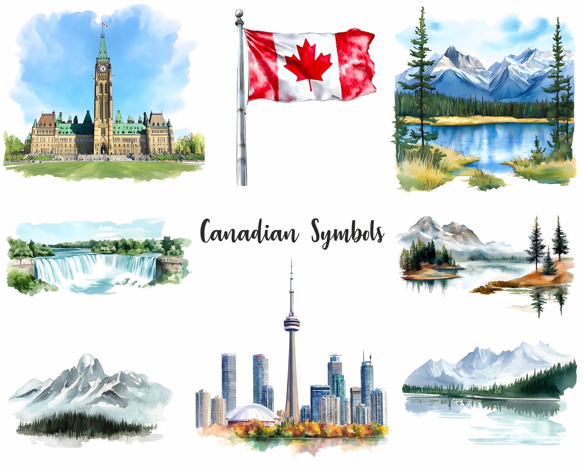 Watercolor Canada Clipart Canadian Elements and Symbols PNG ...