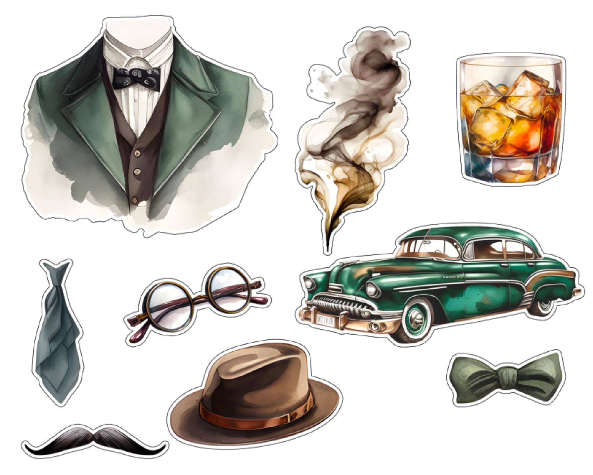 Watercolor Gentleman Stickers: Retro Wardrobe Accessories (print & Cut ...