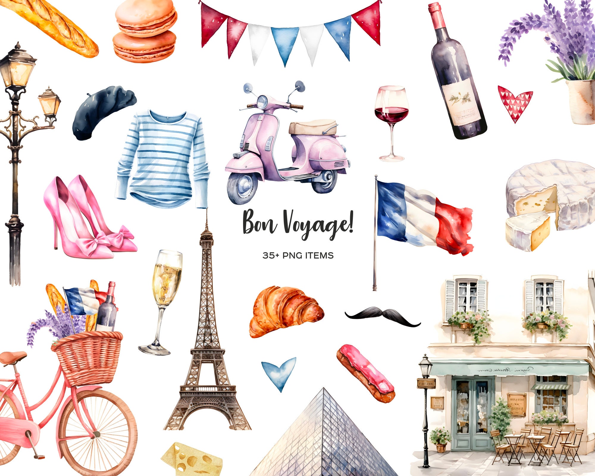 Watercolor Paris Clipart: French Symbols, Eiffel Tower (37 PNG) - Etsy