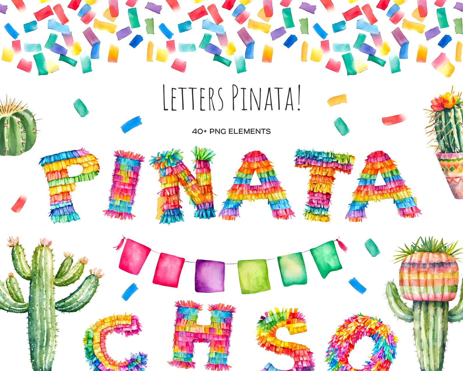 Watercolor Letters Pinata Clipart: Mexican Alphabet (PNG Digital ...