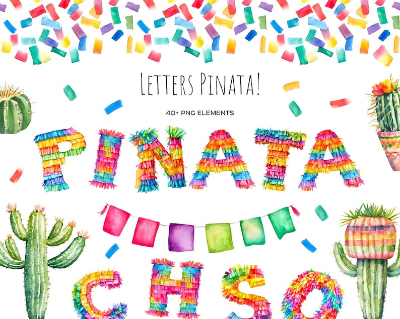 Watercolor Letters Pinata Clipart: Mexican Alphabet (PNG Digital ...