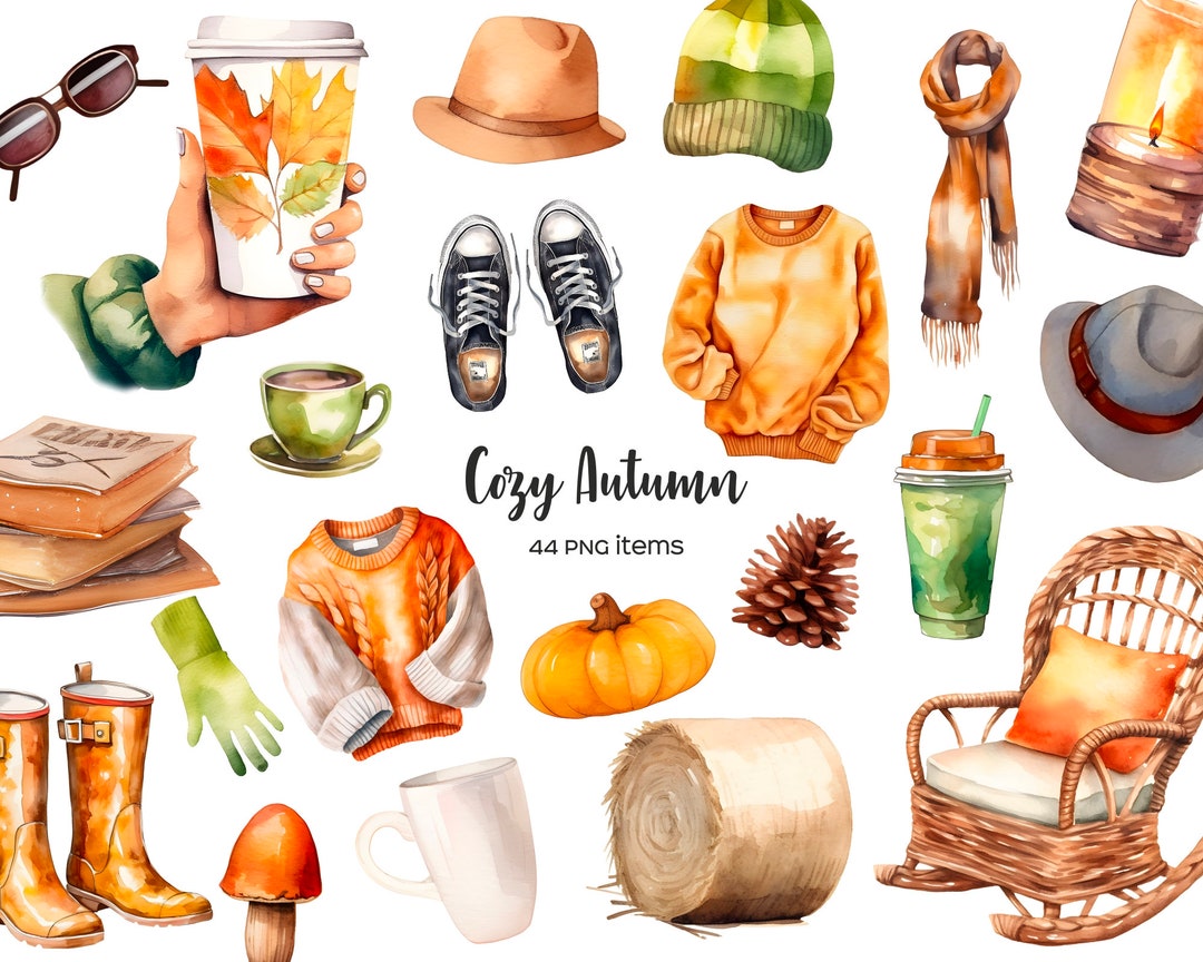 Watercolor Autumn Clipart. Cozy Autumn Clip Art. Watercolor Seasonal ...