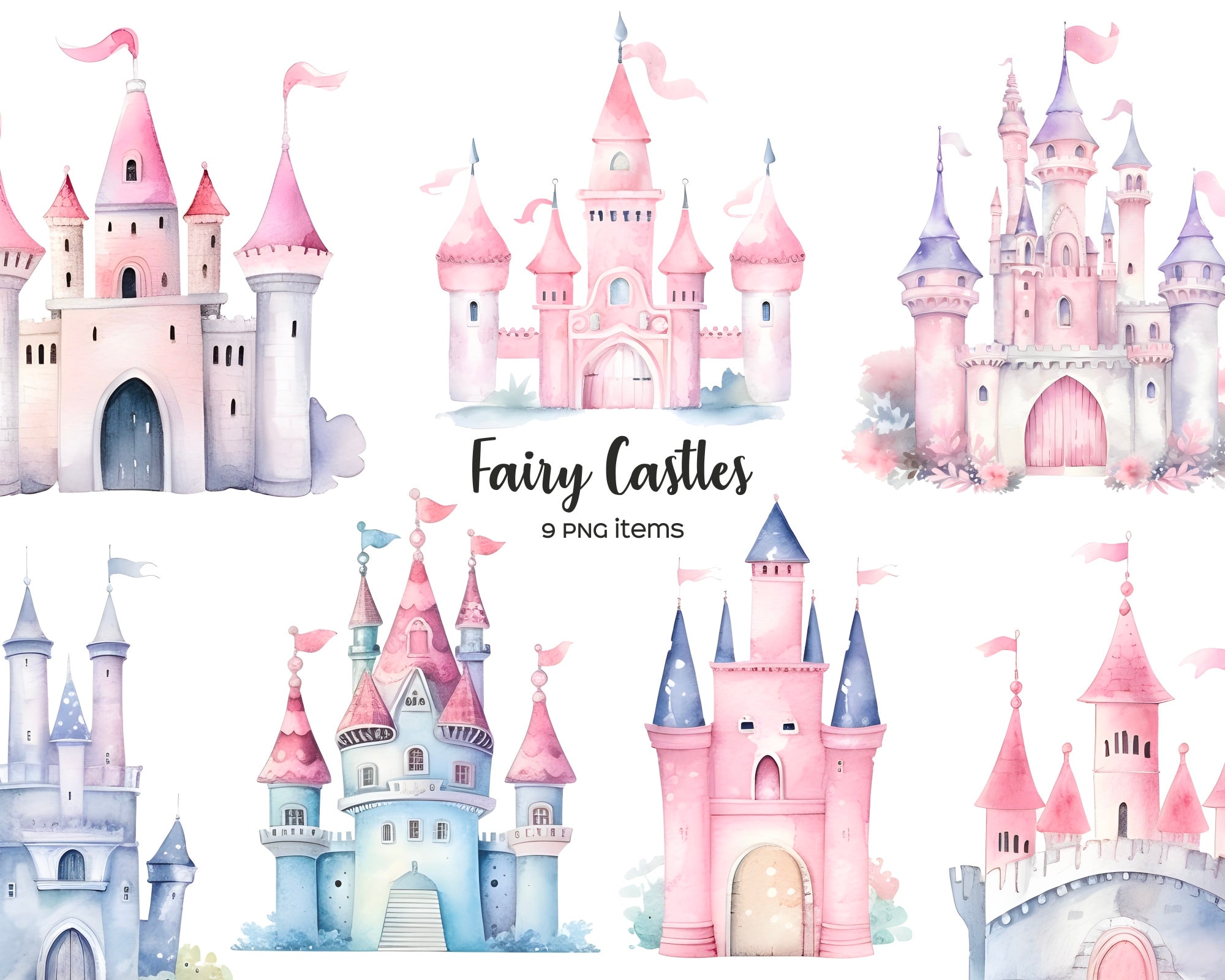 Watercolor Fairytale Castle Clipart. Princess Pink and Purple Castles ...