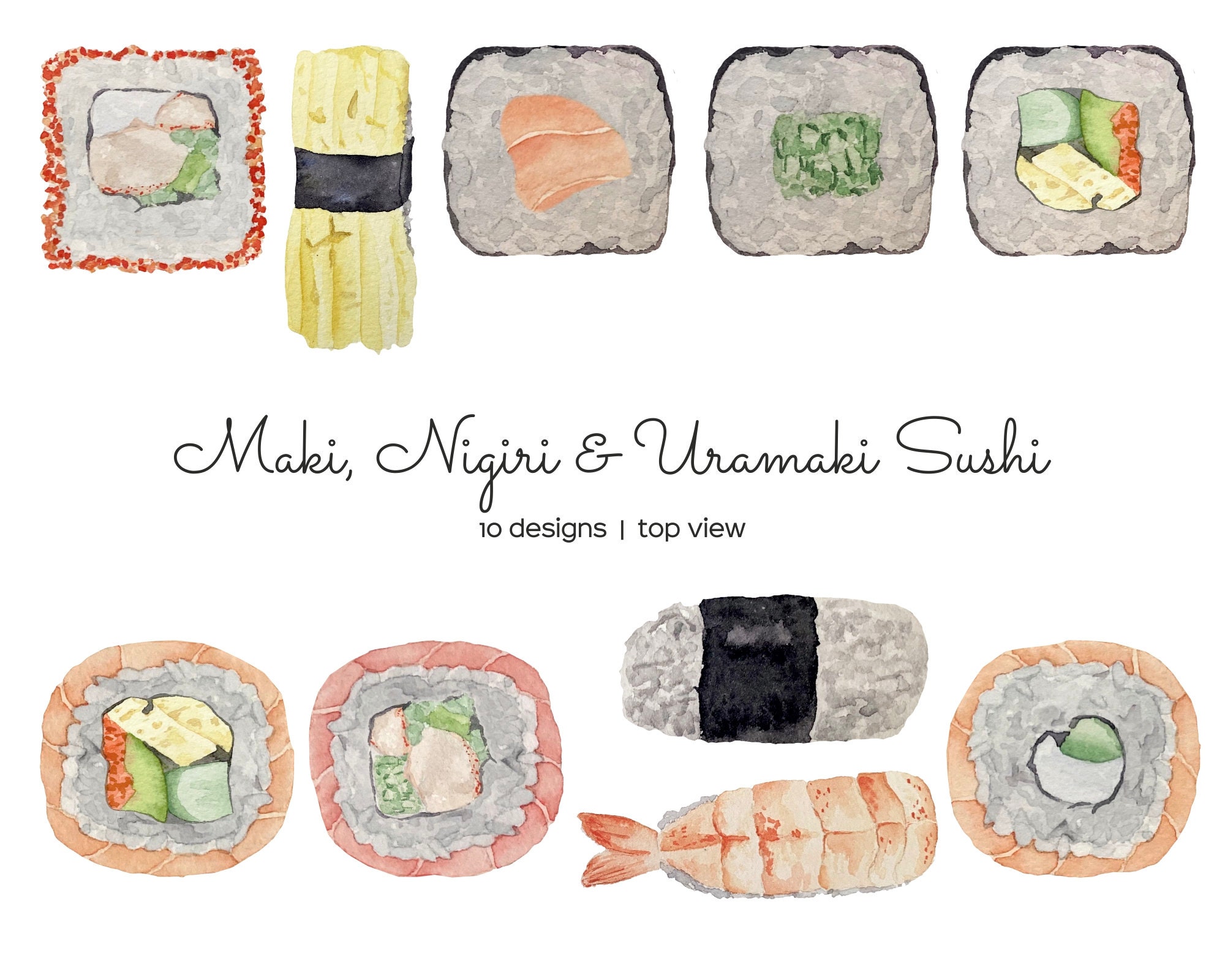 Watercolor Sushi Clipart: Japanese Food Illustrations (30 PNG) - Etsy
