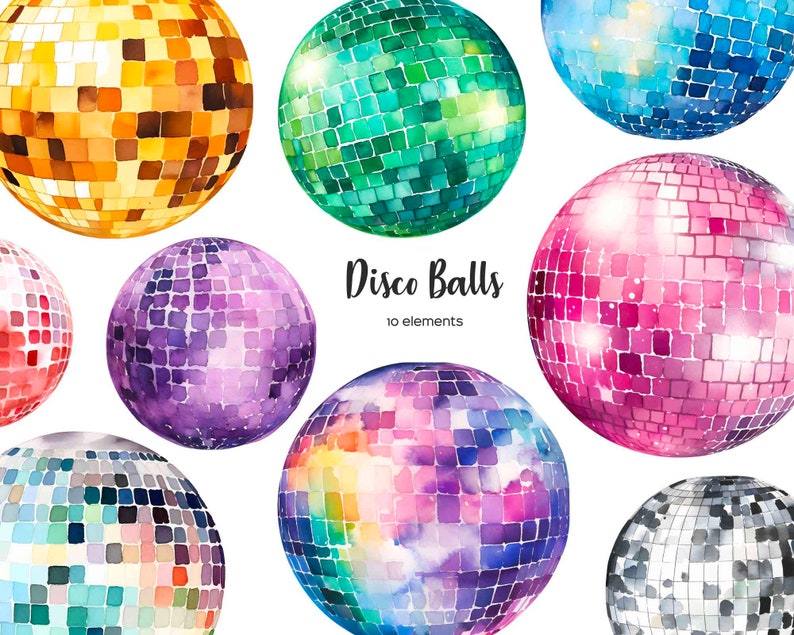 Watercolor Disco Ball Clipart: Rainbow Party PNG (10 Files) - Etsy