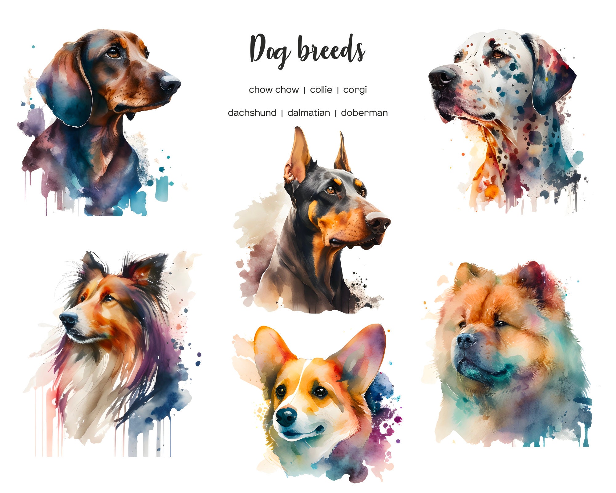 Watercolor Dog Breeds Clipart. Dogs Clip Art. Dog Types 35 - Etsy