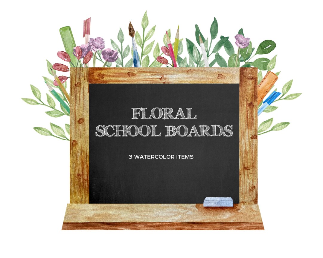 Watercolor Floral Chalkboard Clipart: School Blackboard Designs (PNG ...
