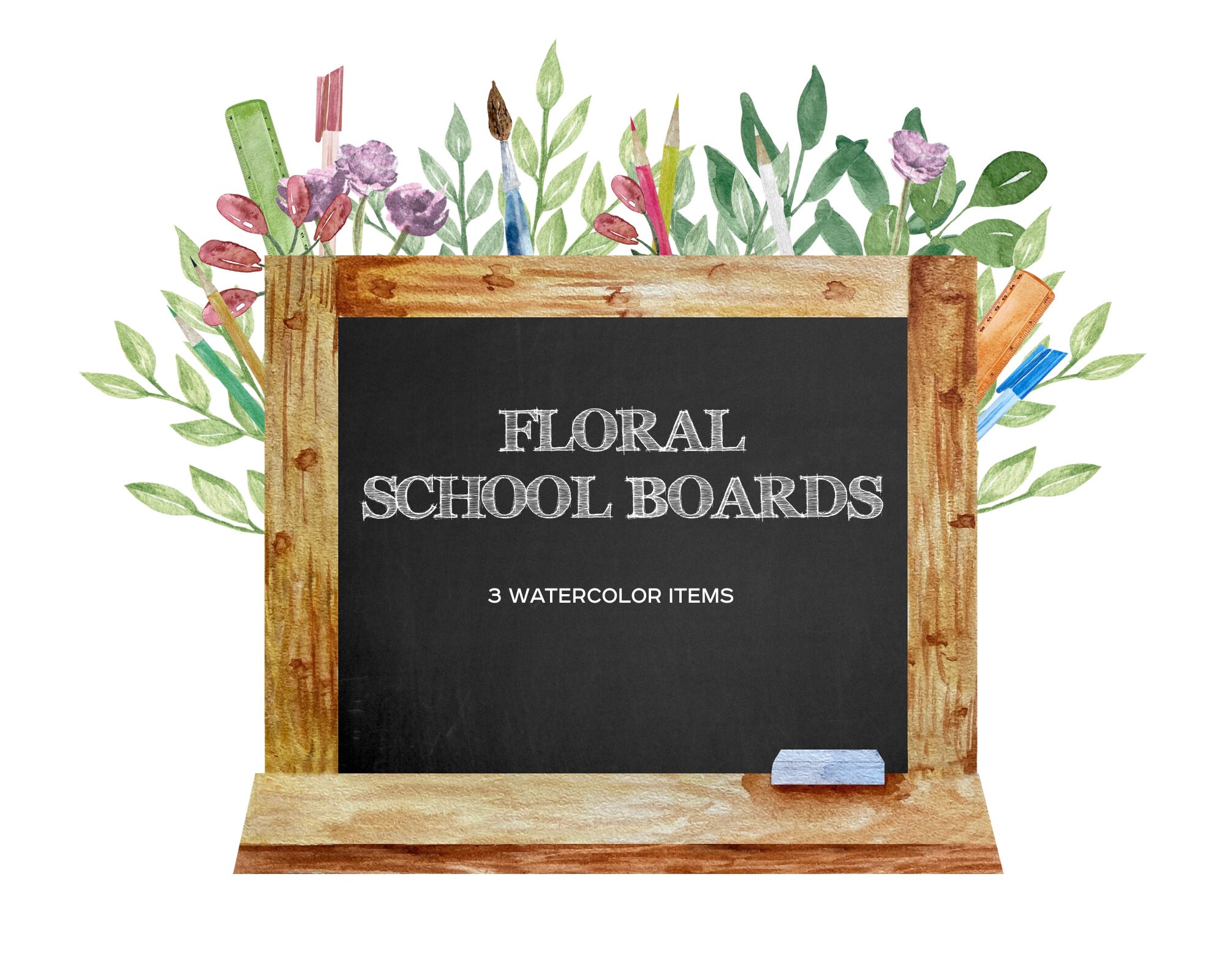 Watercolor Floral Chalkboard Clipart: School Blackboard Designs (PNG ...