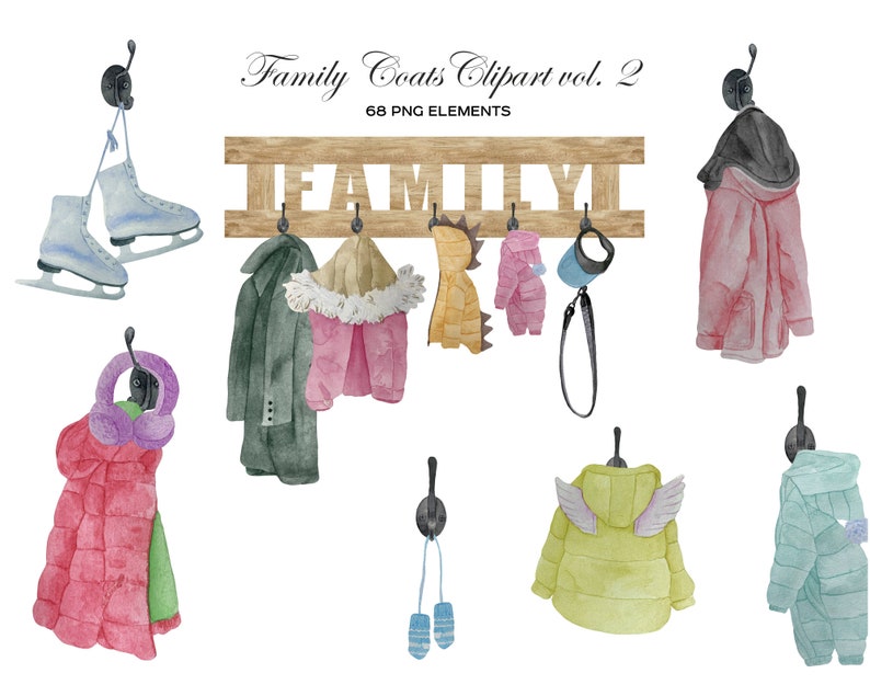 Watercolor Family Hook Clipart. Coats on Hooks Clipart. Personalised ...