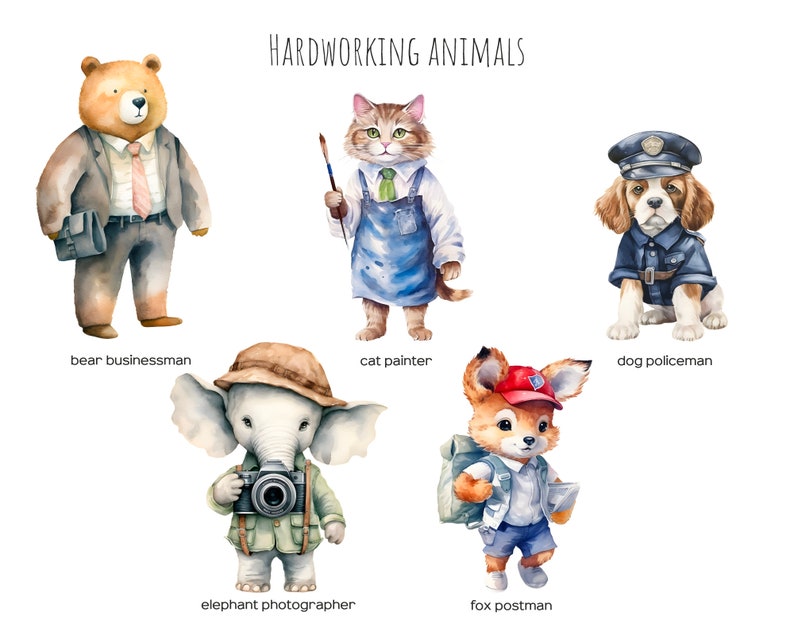 Watercolor Animal Professions Clipart: 11 PNG Nursery Art (digital ...