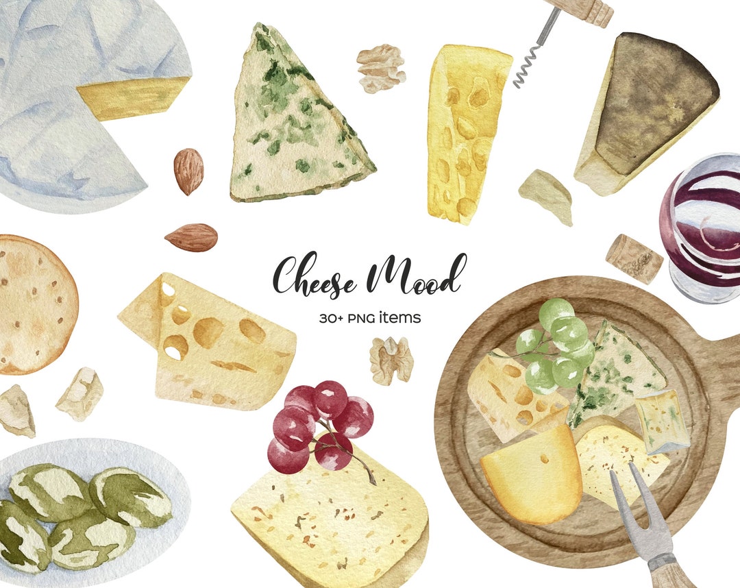 Watercolor Cheese Clipart, Wine and Cheese Illustration, Cheese Plate ...