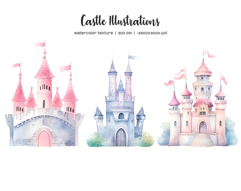 Watercolor Fairytale Castle Clipart. Princess Pink and Purple Castles ...
