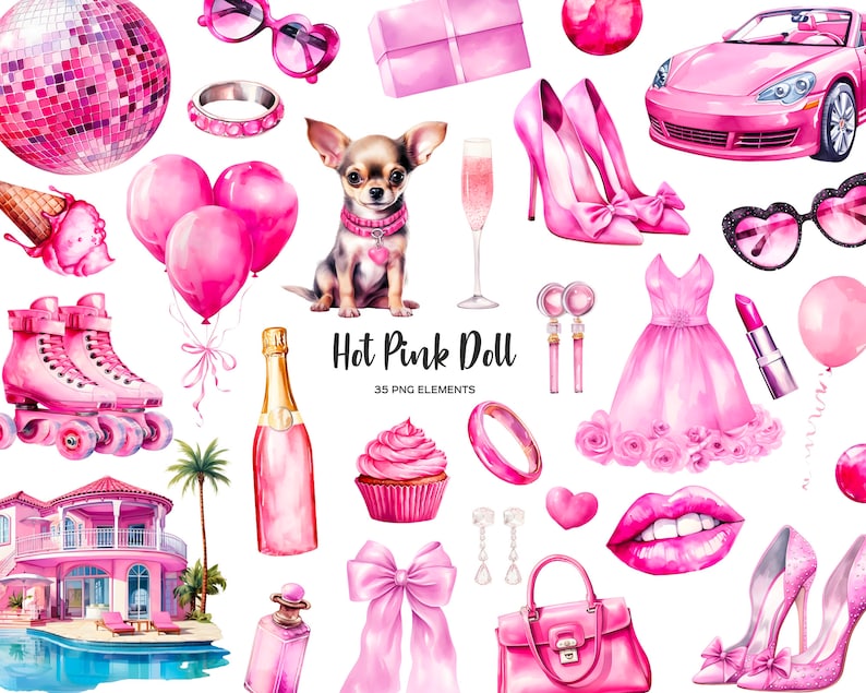 Watercolor Hot Pink Fashion Doll Clipart. Pink Doll Clipart Bundle ...