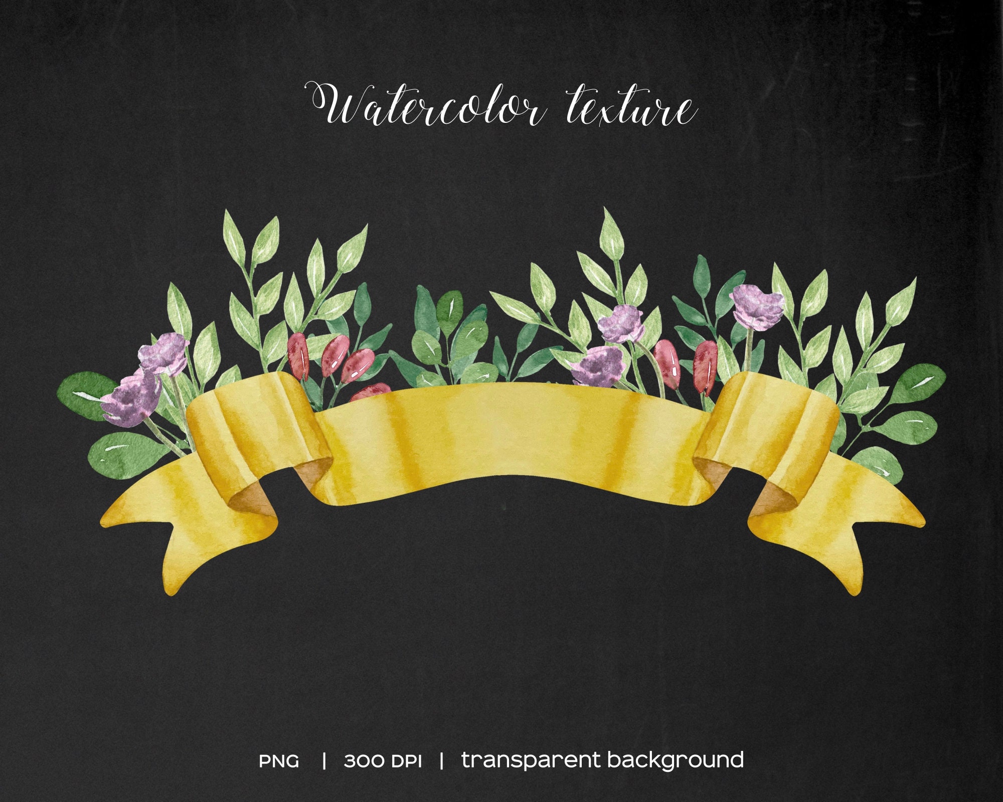 Watercolor Gold Ribbons Clipart: Floral Banners (PNG) - Etsy