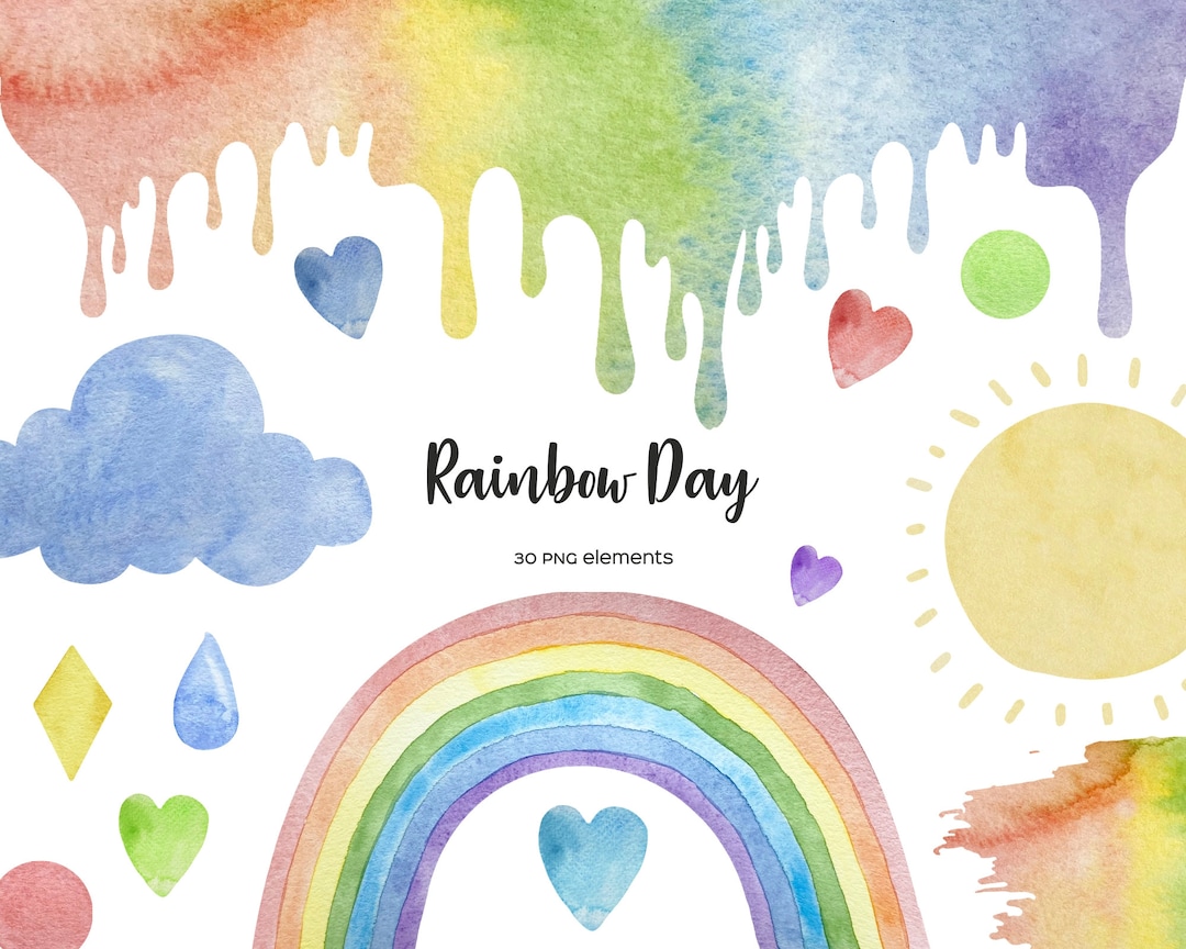 Watercolor Rainbow Clipart: Sun, Cloud, Hearts (PNG Digital Download ...