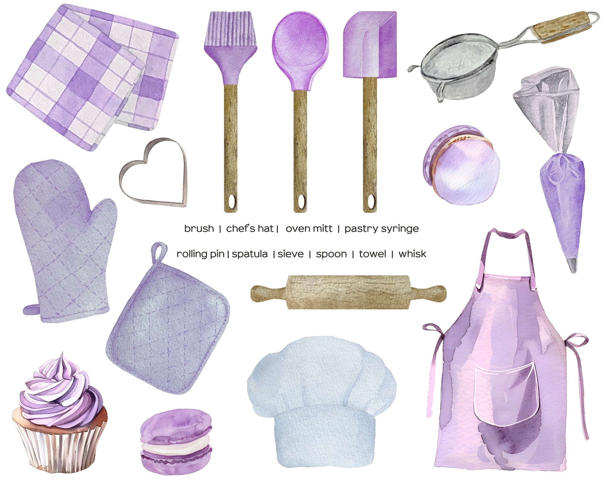 Watercolor Bakery Mixer Clipart: Lavender Kitchen Utensils (21 PNG) - Etsy
