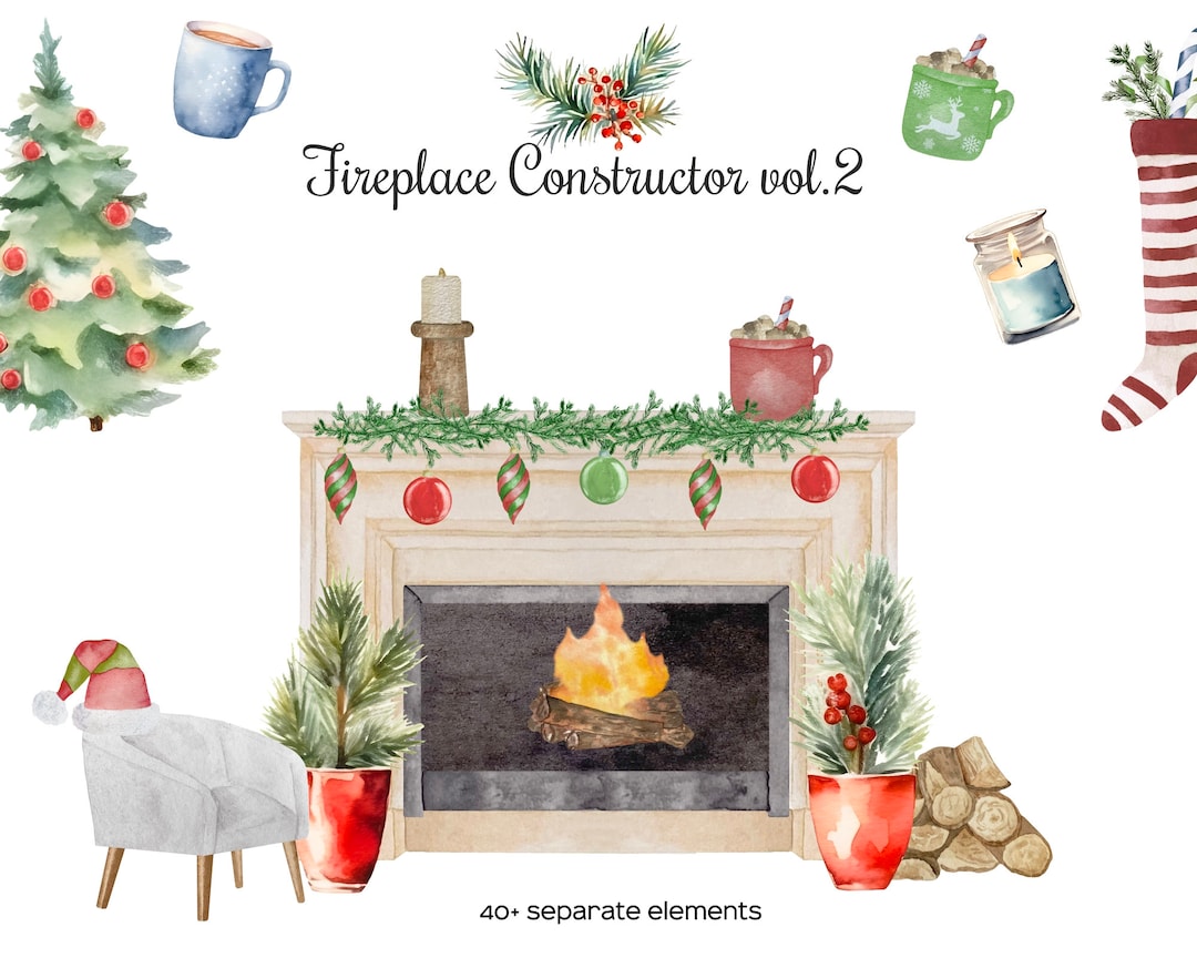 Watercolor Xmas Fireplace Clipart. Modern Farmhouse Christmas Fireplace ...