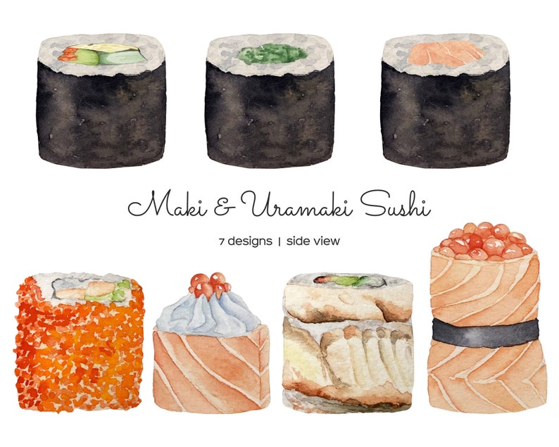 Watercolor Sushi Clipart: Japanese Food Illustrations (30 PNG) - Etsy
