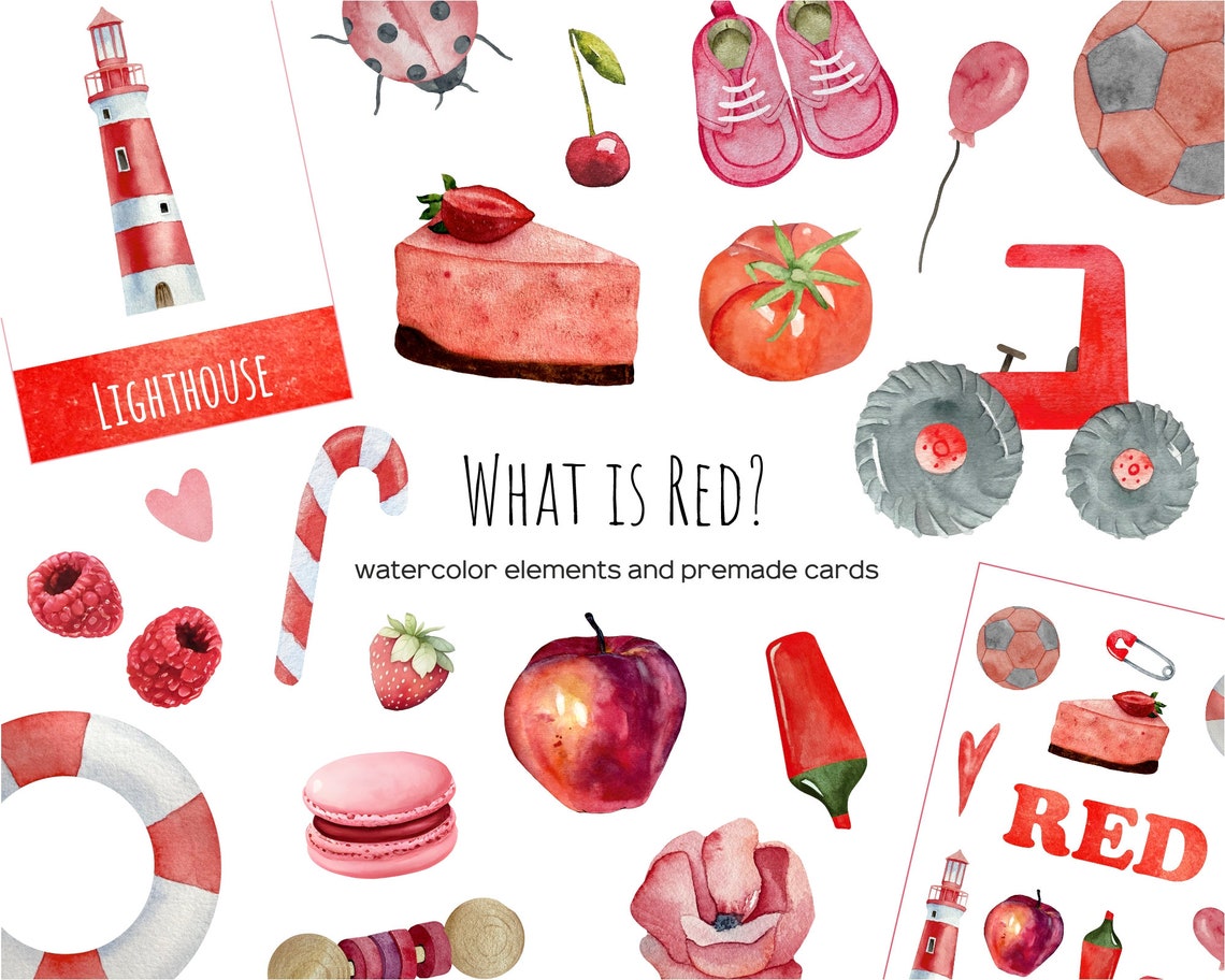 Watercolor Red Things Clipart: Kids Learning Elements (34 PNG) - Etsy