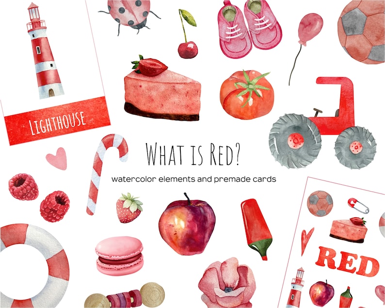Watercolor Red Things Clipart. Learning Red Color Clipart. Educational ...